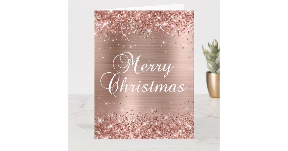 Glittery Rose Gold Foil Big Merry Christmas Card | Zazzle