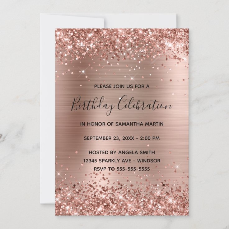 Glittery Rose Gold Foil Birthday Celebration Invitation | Zazzle