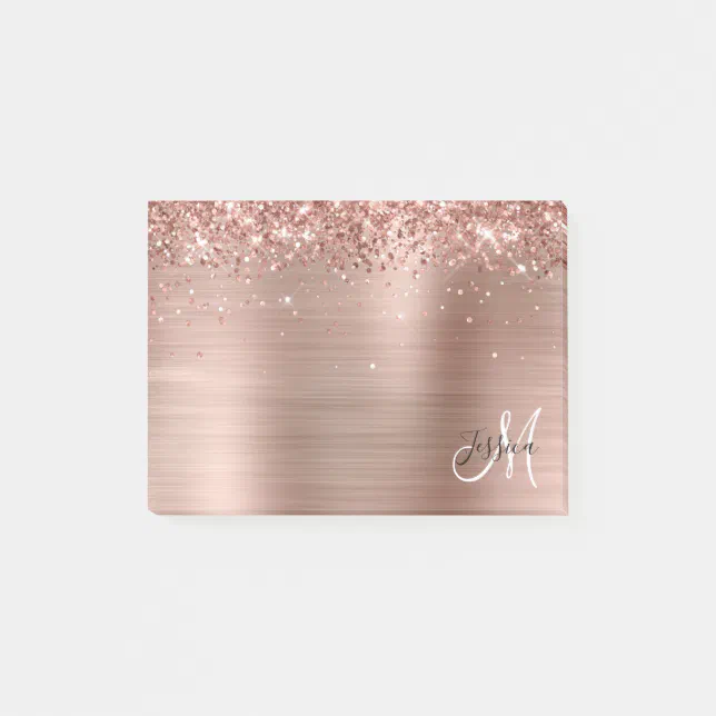 Glittery Rose Gold Foil Black and White Monogram Post-it Notes | Zazzle