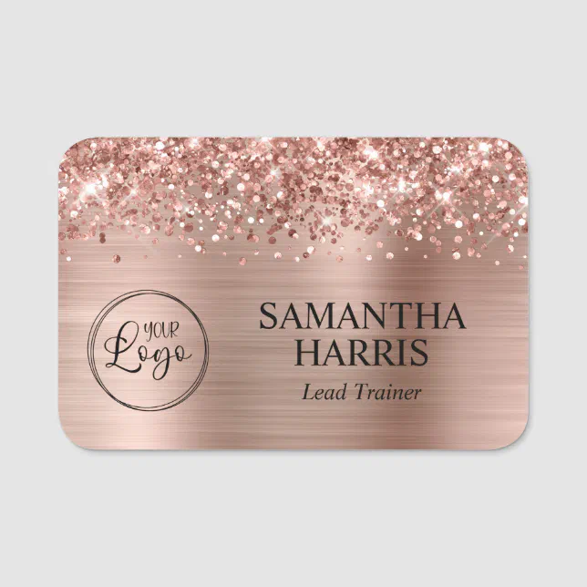 Glittery Rose Gold Foil Logo Name Tag | Zazzle