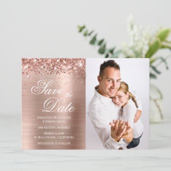 Glittery Rose Gold Foil Photo Save The Date | Zazzle