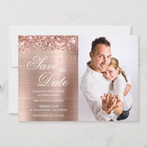 Glittery Rose Gold Foil Photo Save The Date | Zazzle