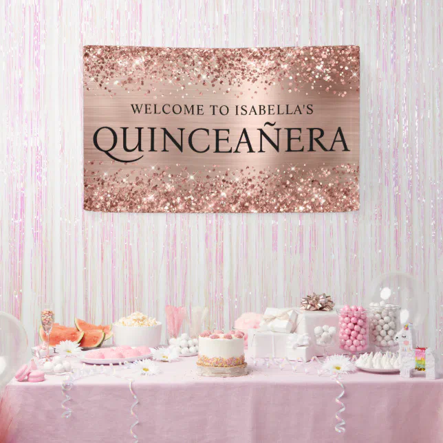 Glittery Rose Gold Foil Quinceanera All Caps Banner | Zazzle