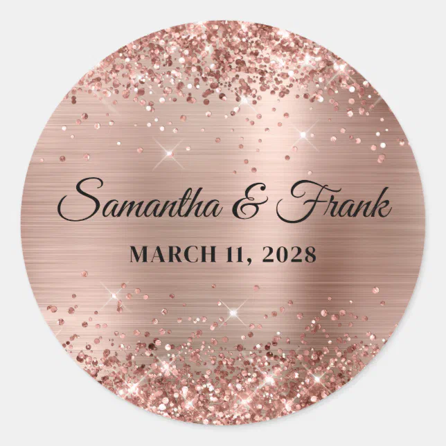 Glittery Rose Gold Foil Wedding Classic Round Sticker | Zazzle