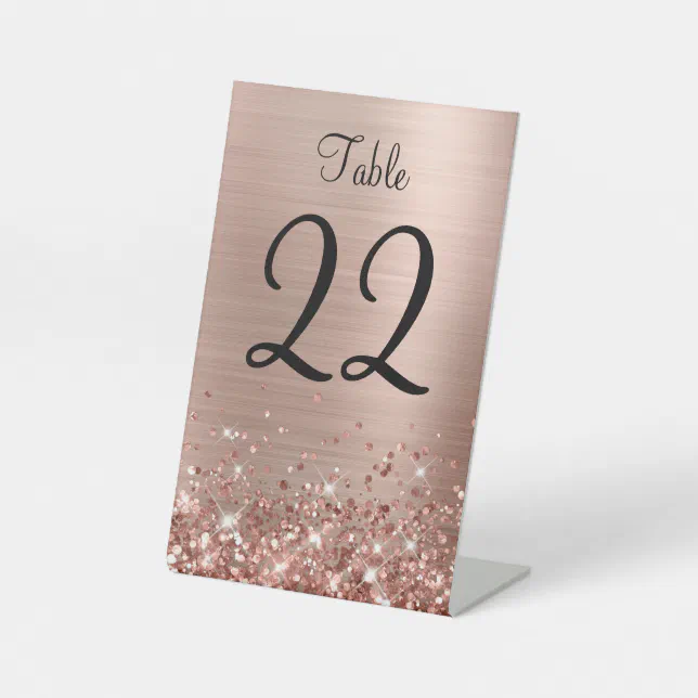 Glittery Rose Gold Foil Wedding Table Number Sign | Zazzle