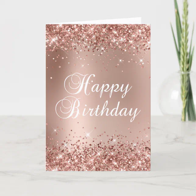 Glittery Rose Gold Glam Gradient Happy Birthday Card | Zazzle