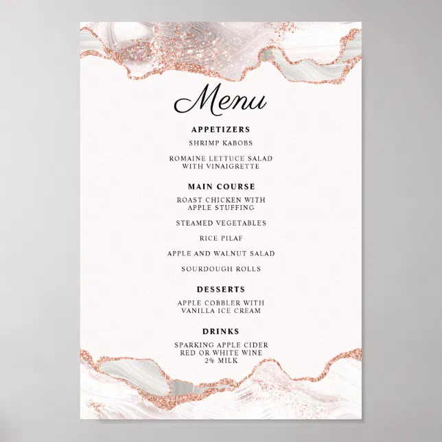 Glittery Rose Gold White Agate 2 Border Menu A4 Poster | Zazzle
