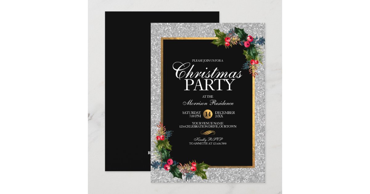 Glittery Silver and Gold Elegant Christmas Party Invitation | Zazzle