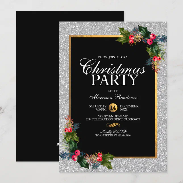 Glittery Silver and Gold Elegant Christmas Party Invitation | Zazzle