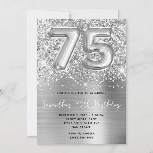 Glittery Silver Balloon Glam 75th Birthday Invitation | Zazzle