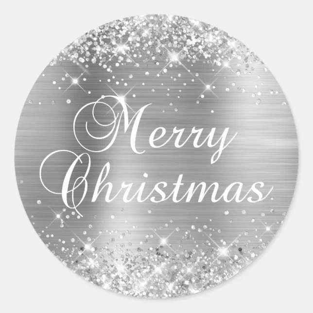Glittery Silver Foil Merry Christmas Classic Round Sticker | Zazzle