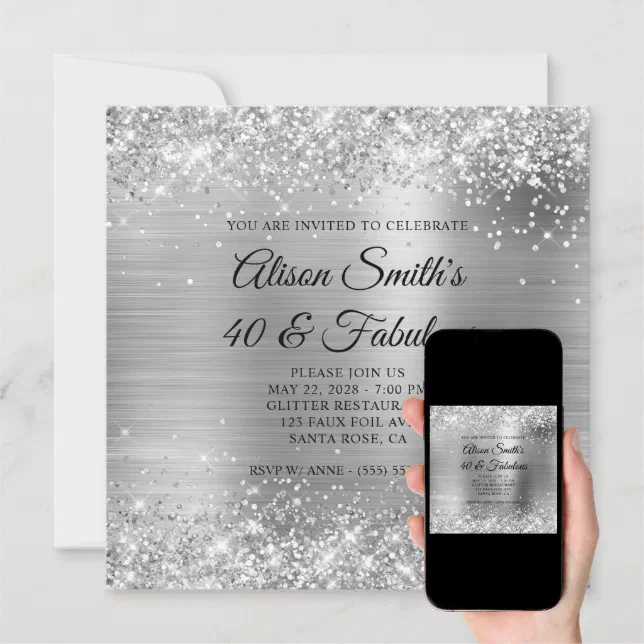Glittery Silver Foil Monogram 40 & Fabulous Invitation | Zazzle