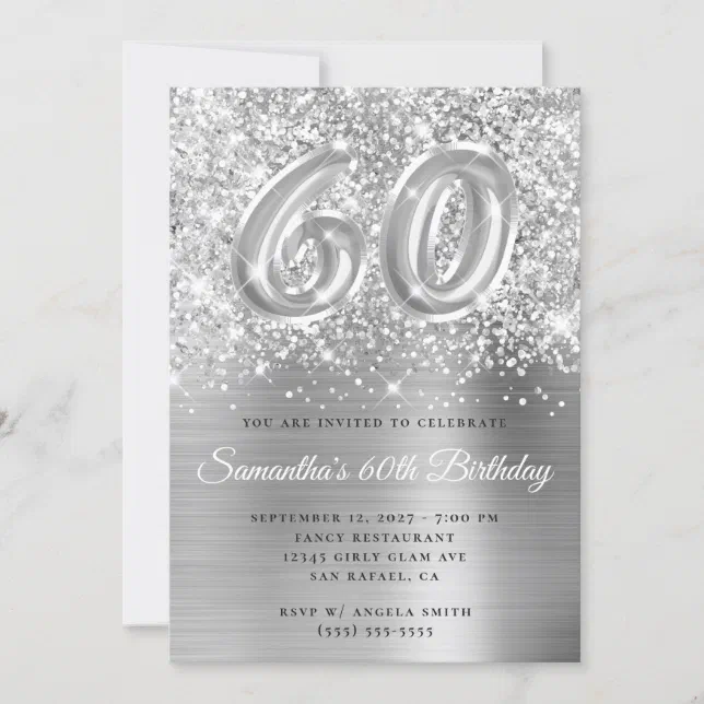 Glittery Silver Glam Number 60th Birthday Invitation | Zazzle