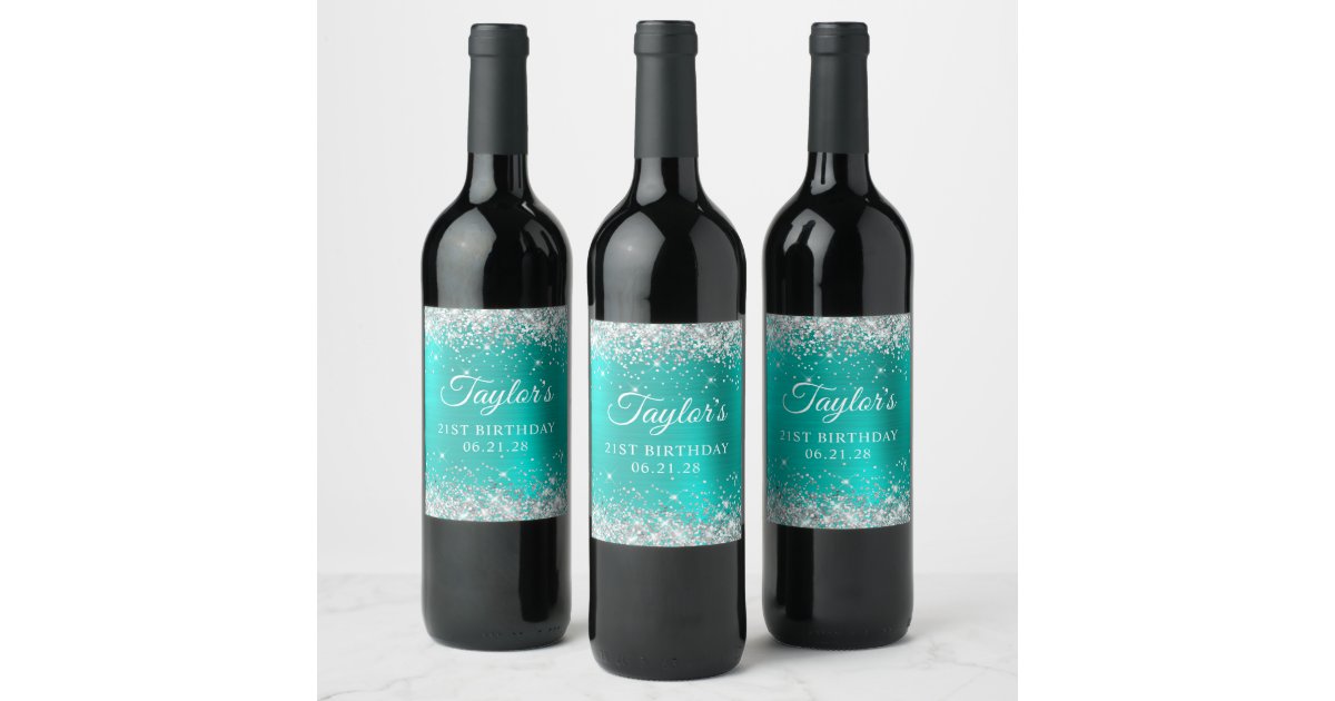 Glittery Silver Turquoise Foil 21st Birthday Wine Label | Zazzle
