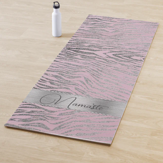 Glittery Silver Zebra Print on Pink Personalized Yoga Mat | Zazzle