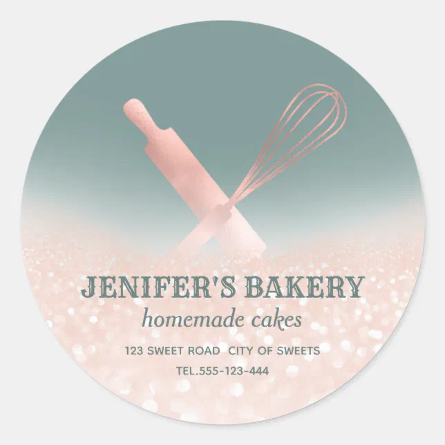 Glittery sparkle rolling pin & whisk chef bakery classic round sticker ...