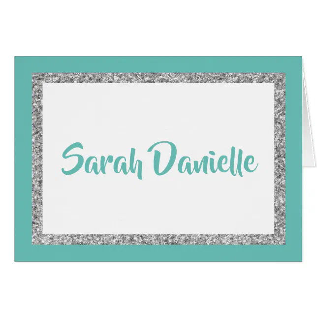 Glittery Teal and Silver Personalized Note Card | Zazzle