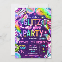 Glitz And Glam Glow Neon Spa Makeup Birthday Party Invitation | Zazzle