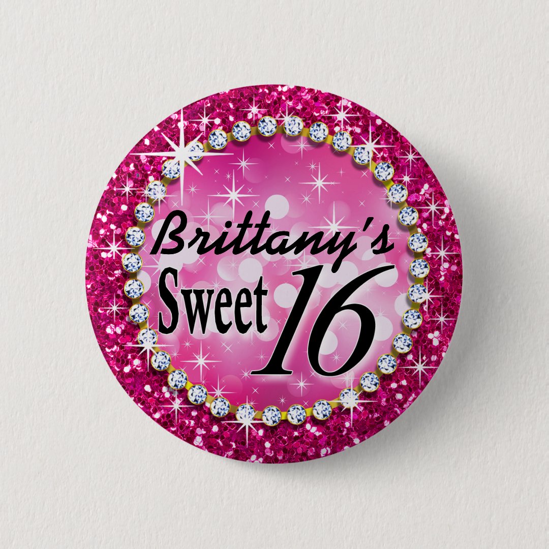 Glitz Glam Bling Sweet 16 Celebration fuschia Pinback Button | Zazzle