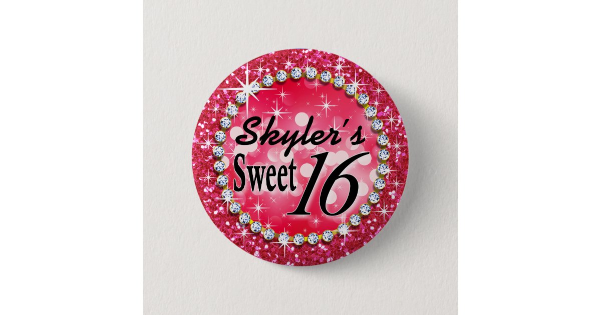 Glitz Glam Bling Sweet 16 Celebration hot pink Button | Zazzle