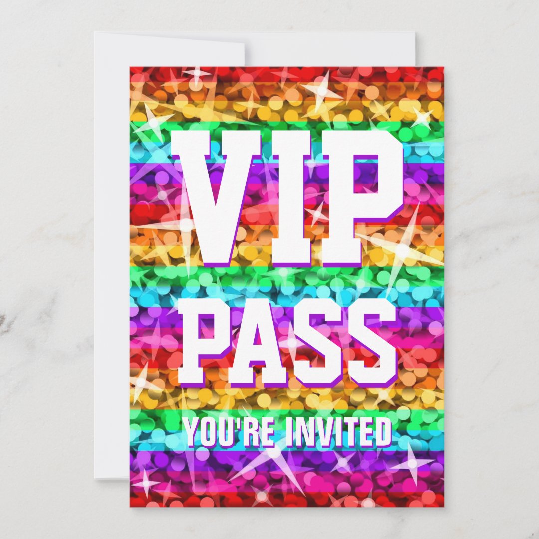 Glitz Rainbow Stripe 'VIP PASS' invitation | Zazzle