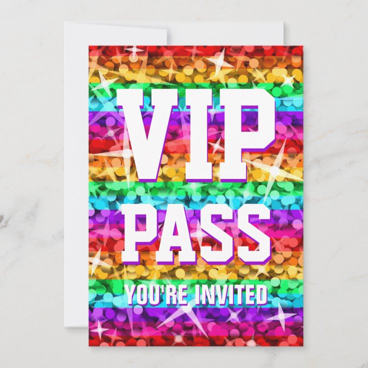 Glitz Rainbow Stripe 'VIP PASS' invitation | Zazzle