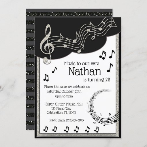 Glitzy Black & White Musical Notes Birthday Invitation | Zazzle