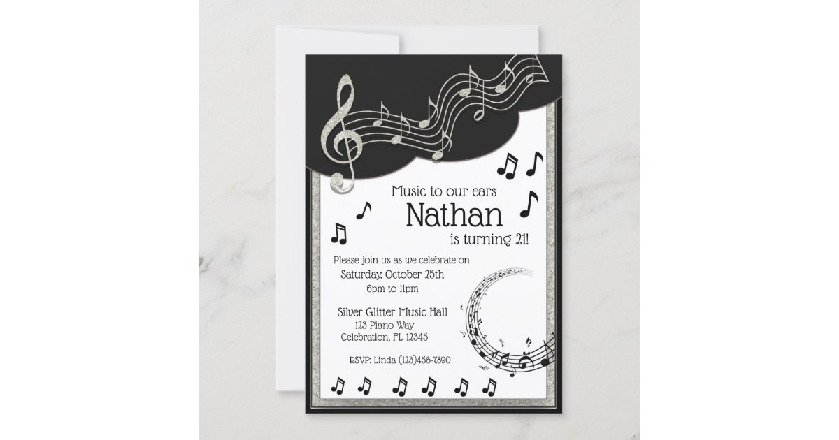 Glitzy Black & White Musical Notes Birthday Invitation | Zazzle
