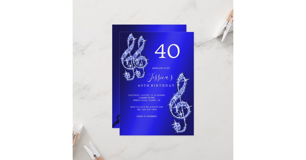Glitzy Blue Music Notes Birthday Invitation | Zazzle