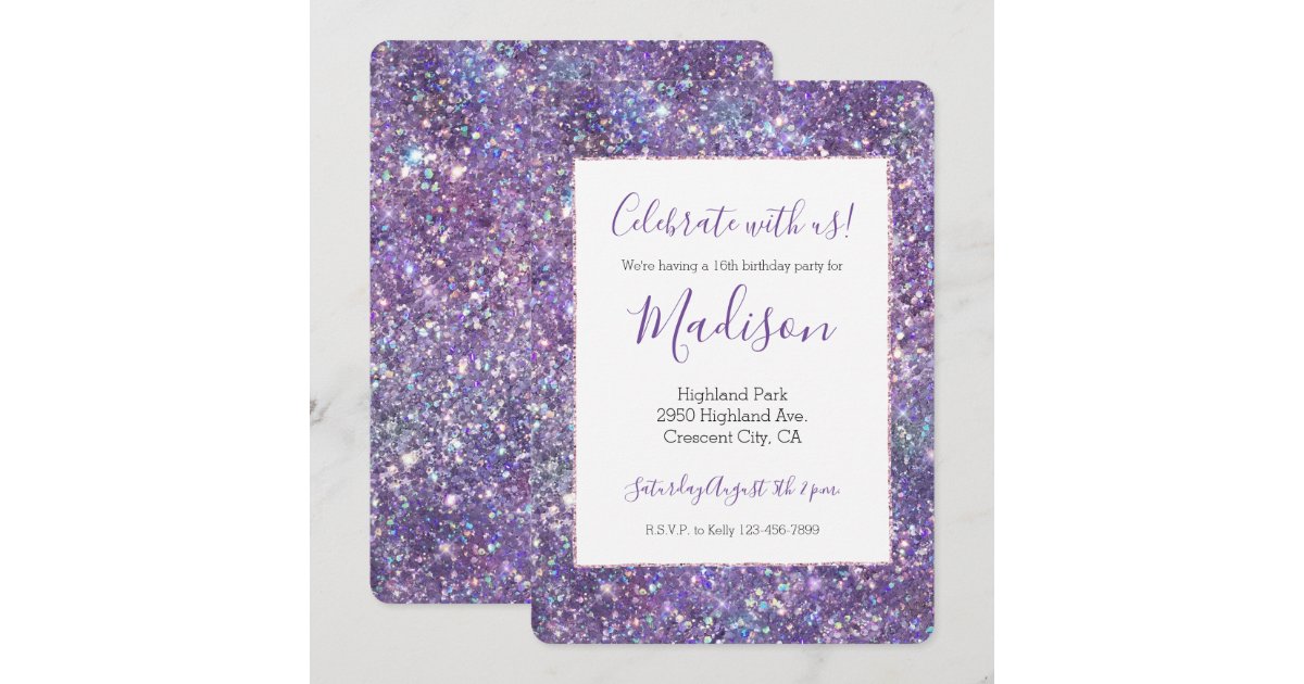 Glitzy Girly Glam Purple Sparkle Glitter Invitation | Zazzle