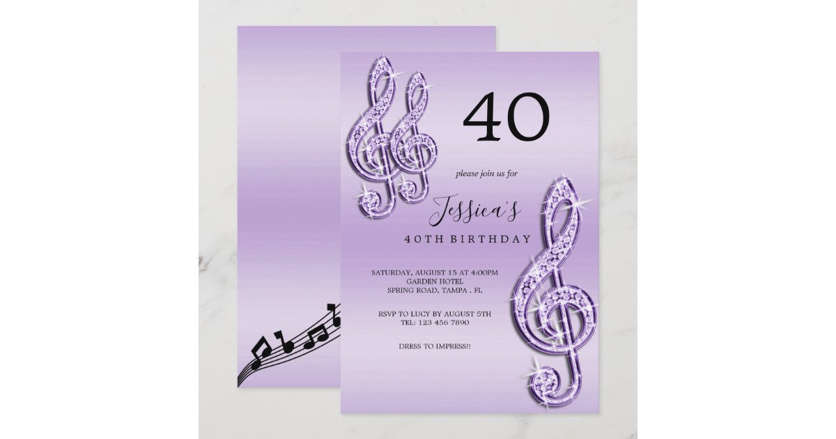 Glitzy Lilac Music Notes Birthday Invitation | Zazzle