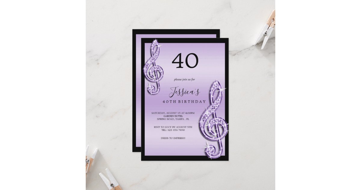 Glitzy Lilac Music Notes Birthday Invitation | Zazzle
