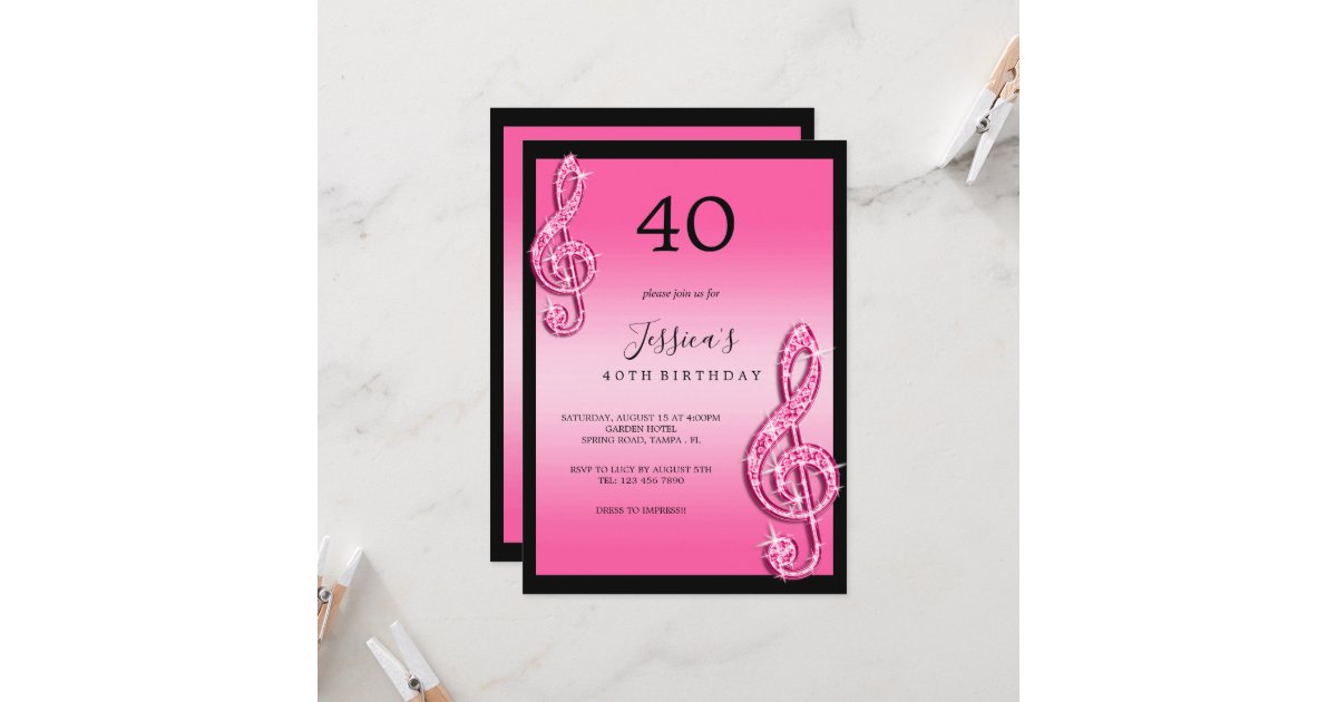 Glitzy Pink Music Notes Birthday Invitation | Zazzle