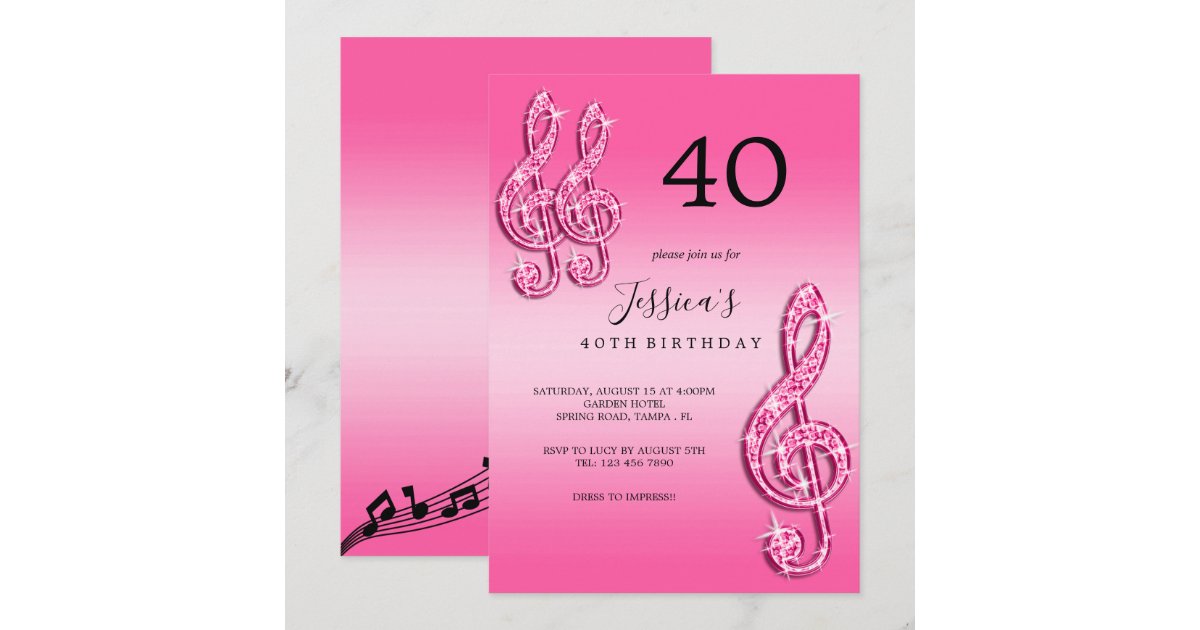 Glitzy Pink Music Notes Birthday Invitation | Zazzle