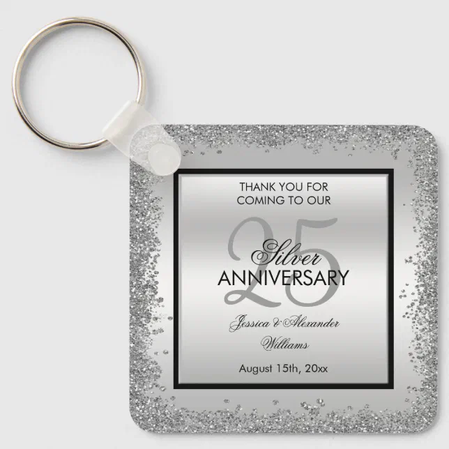 Glitzy Silver & Black 25th Wedding Anniversary Keychain | Zazzle