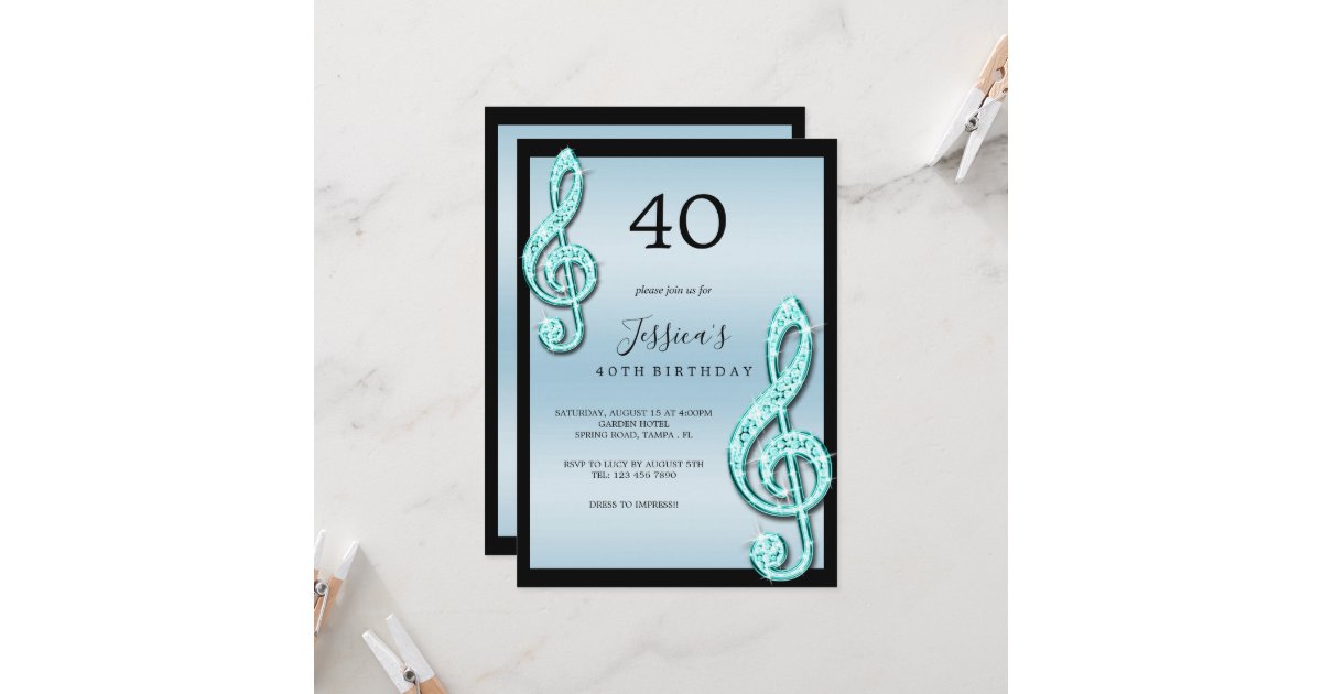 Glitzy Teal Music Notes Birthday Invitation | Zazzle