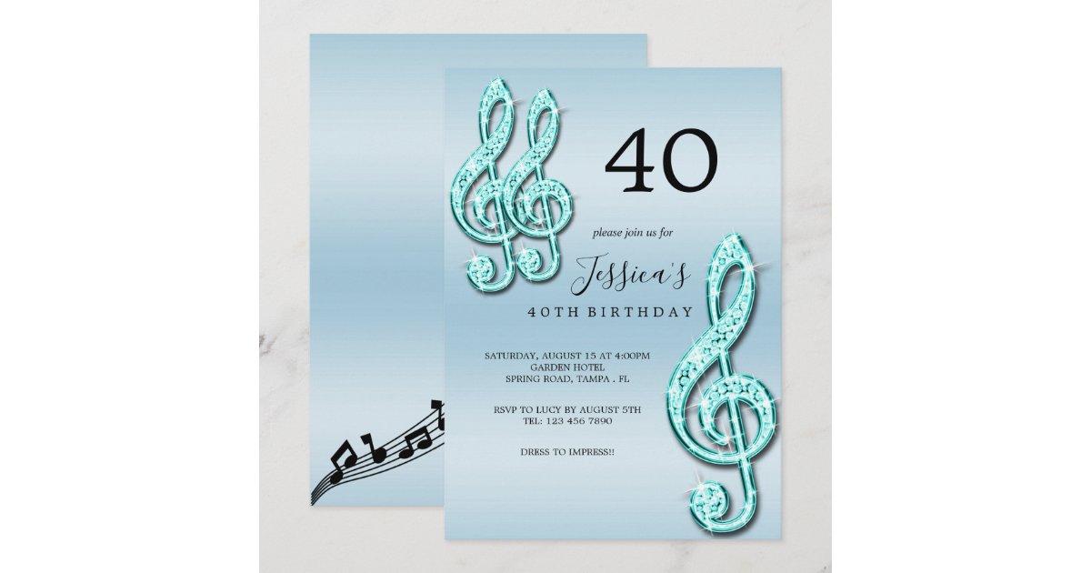 Glitzy Teal Music Notes Birthday Invitation | Zazzle