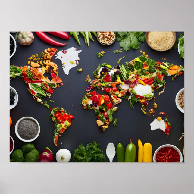 Global Cuisines Map: Top View of World Map Poster | Zazzle