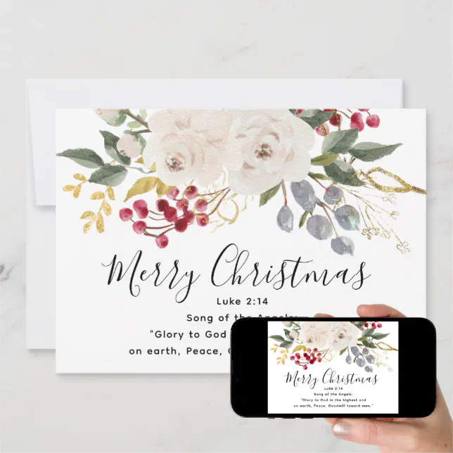 Glory to God Bible Verse Floral Flat Christmas Holiday Card | Zazzle