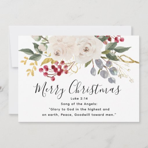 Glory to God Bible Verse Floral Flat Christmas Holiday Card | Zazzle