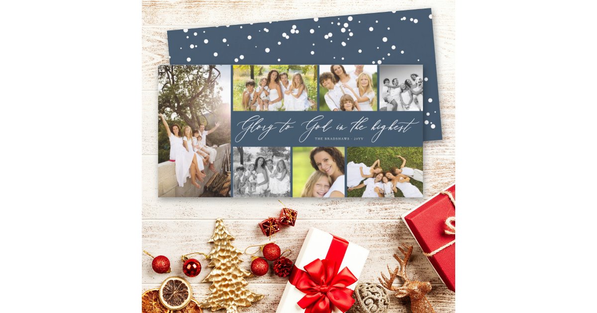 Glory To God In The Highest Stylish Script 7 Photo Holiday Card | Zazzle