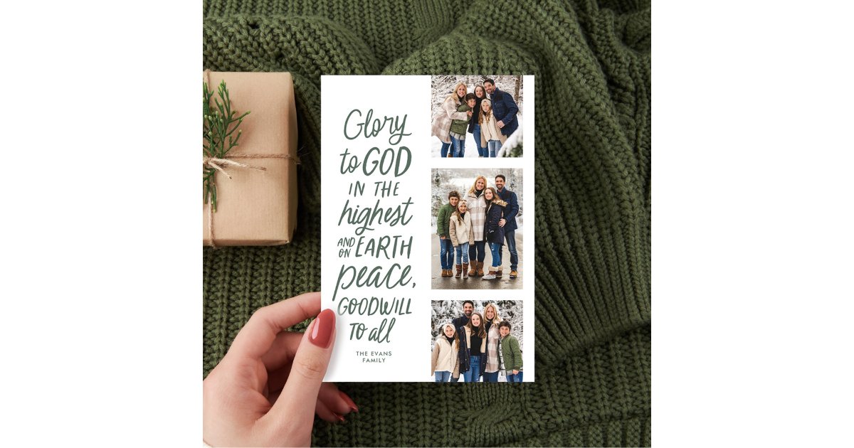 Glory to God three photo religious Christmas green Holiday Card | Zazzle