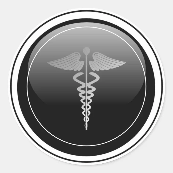 Glossy Black - Caduceus Symbol Classic Round Sticker | Zazzle