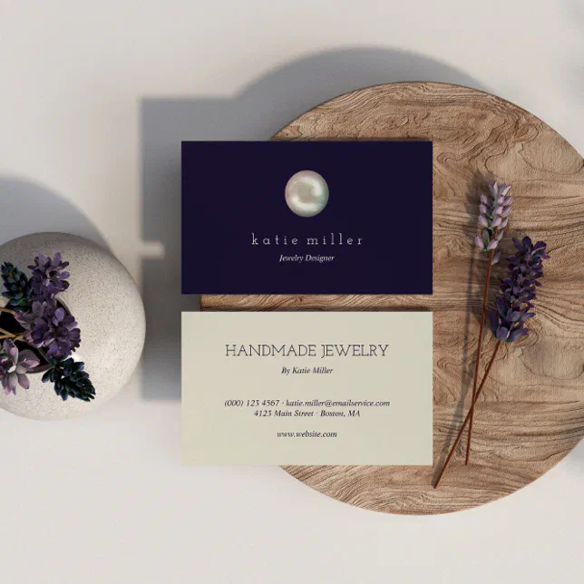 Glossy Pearl Navy Blue Jewelry Designer Business Card | Zazzle