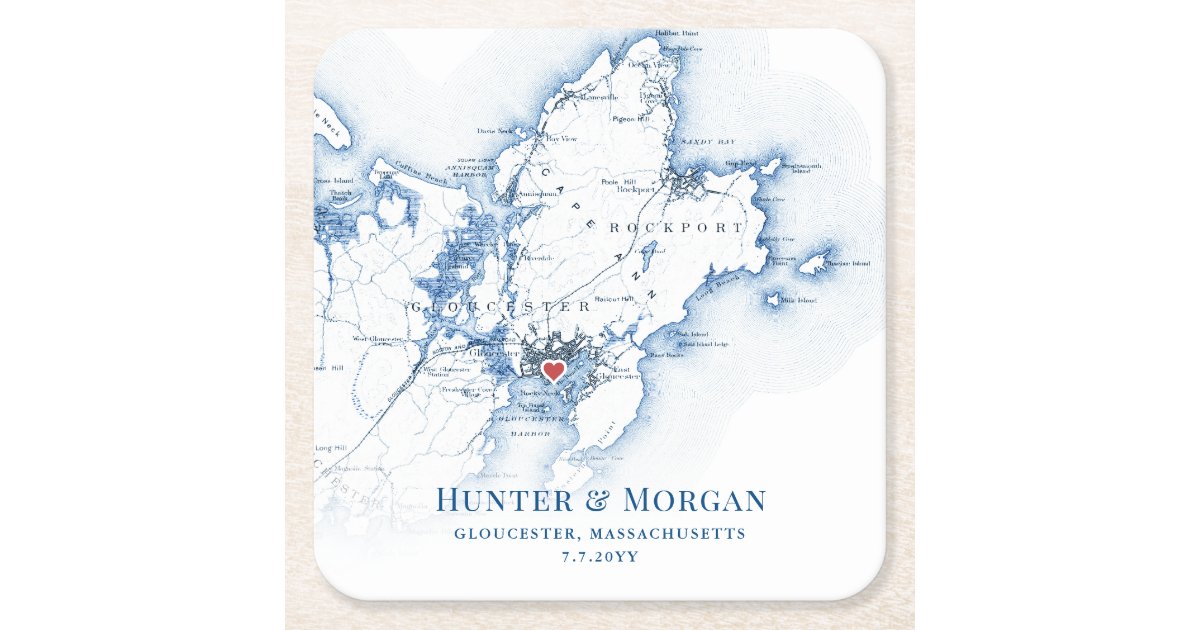 Gloucester Massachusetts Navy Blue Map Wedding Square Paper Coaster ...