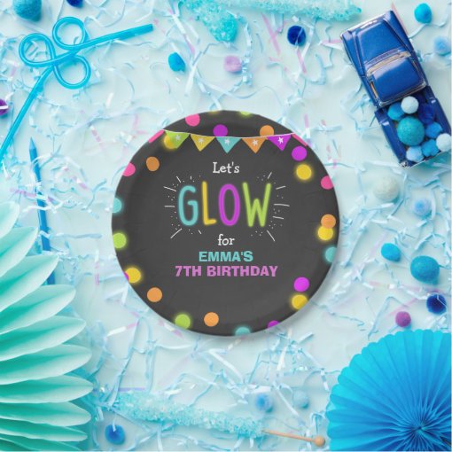Glow Birthday Party Paper Plates Neon Disco Laser | Zazzle