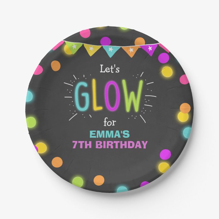 Glow Birthday Party Paper Plates Neon Disco Laser | Zazzle