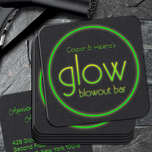 Glow Blowout Bar Add Your Name Neon Green Square Business Card | Zazzle