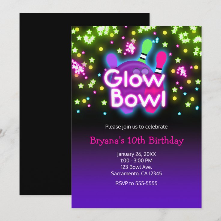 Glow Bowl Bowling Neon Stars Birthday Party Invitation | Zazzle