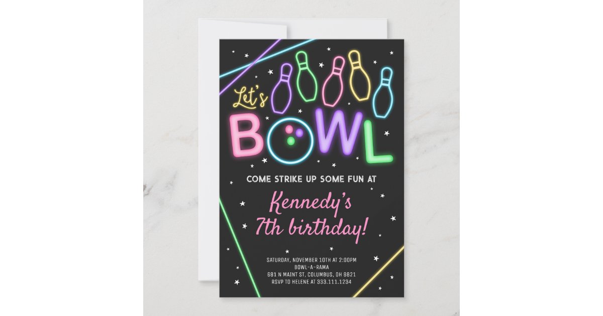 Glow Bowling Birthday Party Invitation Neon Colors | Zazzle